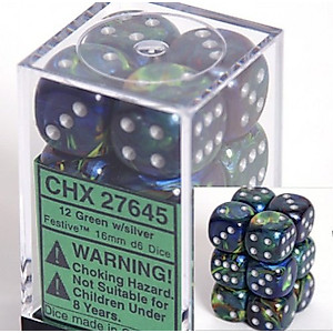 Chessex Dice d6 Sets: Festive Green with Silver (Blue-Green) - 16mm Six Sided Die (12) Block of Dice