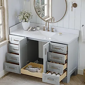 ARIEL 55" Grey Bathroom Vanity with 1.5" Edge Pure White Quartz Countertop & Backsplash, Center Rectangular Sink, 2 Soft Closing Doors, 9 Full Extension Dovetail Drawers, Toe Kick, Satin Brass