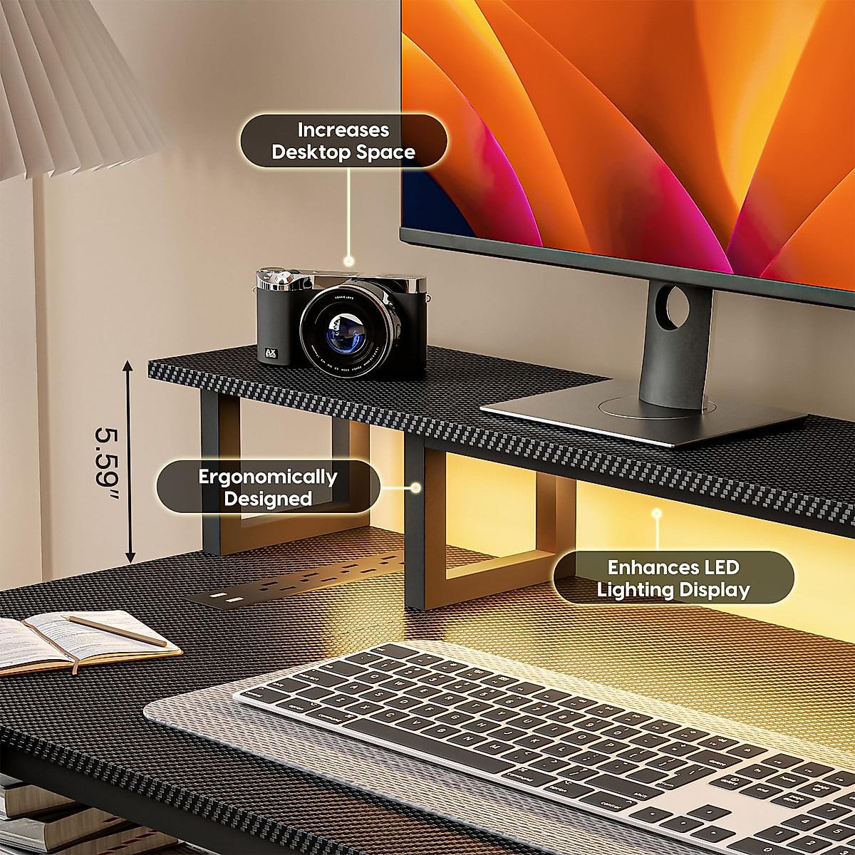 WASAGUN Gaming Desk,40 Inch L Shaped Desk with LED Lights&Power Outlets,Office Desk with Storage Shelves,Small Corner Computer Desk for Bedroom,Carbon Fiber Surface,Black Table