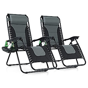 PHI VILLA Set of 2 Padded Zero Gravity Lounge Chair Folding Patio Recliner with Adjustable Headrest & Cup Holder, Support 350 LBS(Grey)