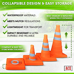 Collapsible Traffic Cones Safety Cones - 4 Pack, 18 Inch - Parking Cones for Parking Lot - Collapsible Cones for Use As Road Cones, Orange Cones for Parking, Collapsible Traffic Cone for Drivers