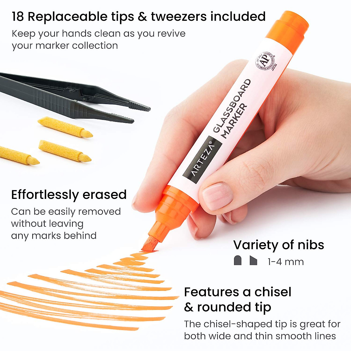 ARTEZA Glass Board Markers, Pack of 18, 10 Classic and 8 Neon Colors for Whiteboards and Windows, Erasable Dry Erase Markers, Office, School Supplies