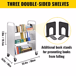 VEVOR Book Cart, Library Cart 6-Shelf, Rolling Library Book Cart Double Sided W-Shaped Sloped Shelves with 4-Inch Lockable Wheels, for Home Shelves Office and School Book Truck in White