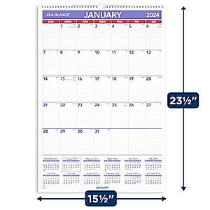 AT-A-GLANCE 2024 Erasable Calendar, Dry Erase Wall Planner, 15-1/2" x 22-3/4", Medium (PMLM032824)