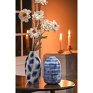 TERESA'S COLLECTIONS Blue Ceramic Vase for Modern Home Decor, Blue and White Vases for Flowers, Glazed Vases with Brush Effect for Centerpieces, Shelf, Living Room, Mantel -Set of 2, 7&8 inches