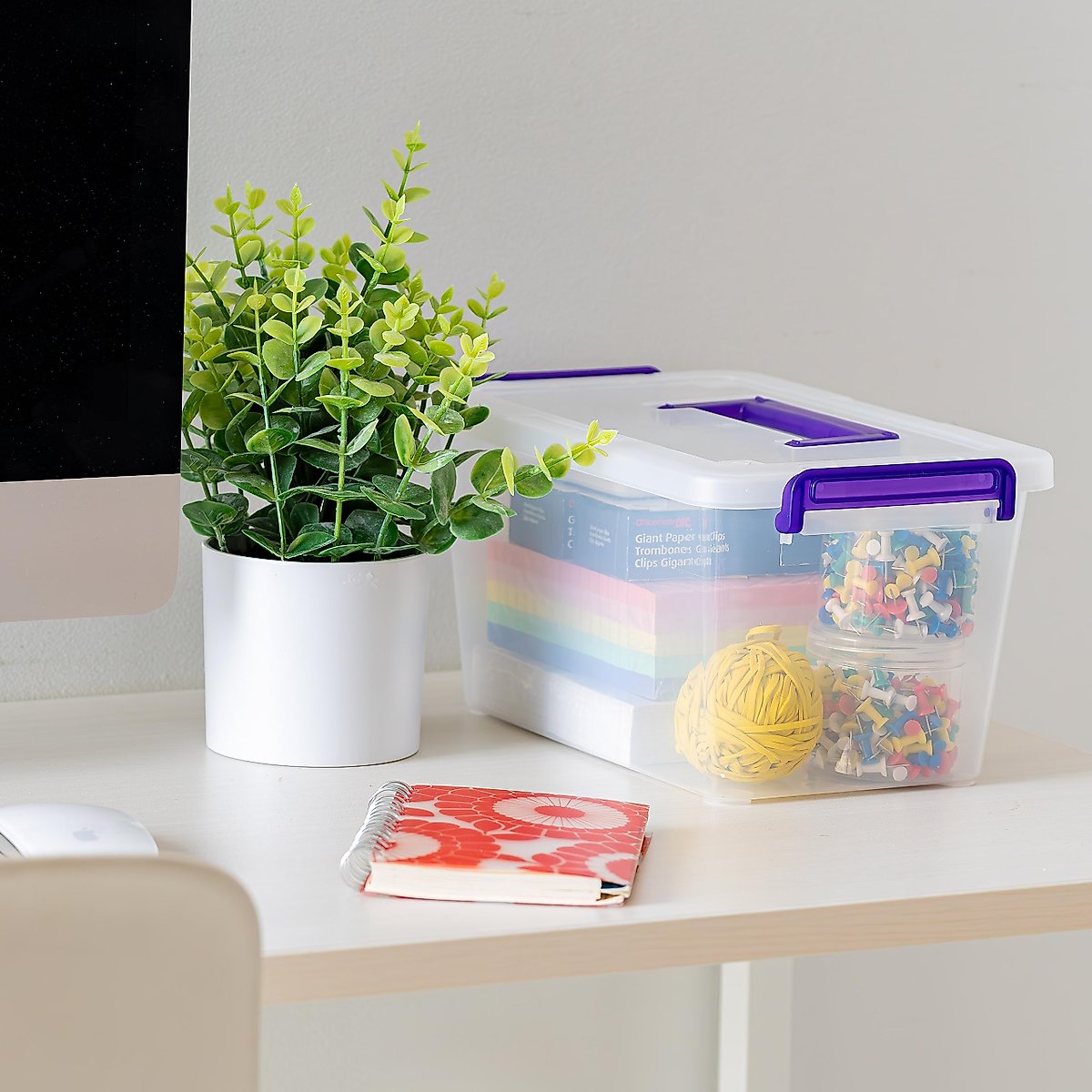 IRIS USA Plastic Storage Bins with Lids 5.4 Qt. Craft Organizers and Storage with Handle, Art Supply Storage Organizer, Arts and Crafts Organizer, Stackable and Secure Latch, Clear/Violet - 6 Pack