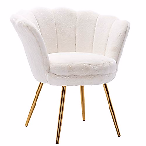 Plush Faux Fur Upholstered Living Room Chair, Comfy Mid-Century Modern Micro Fiber Vanity Chair with Gold Legs, Retro Accent Barrel Dining Chair, White