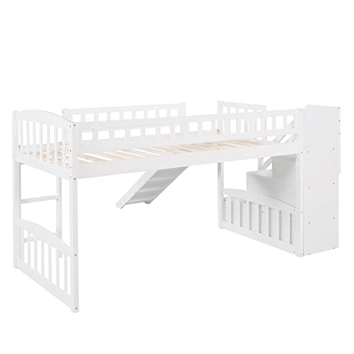 ODC Twin Size Loft Bed with 2 Drawers and Slide for Kids, Solid Wood Loft Bed Frame with Storage, Low Loft Bed with Slide, Ladder and Security Guardrail for Kids Girls Boys Teens