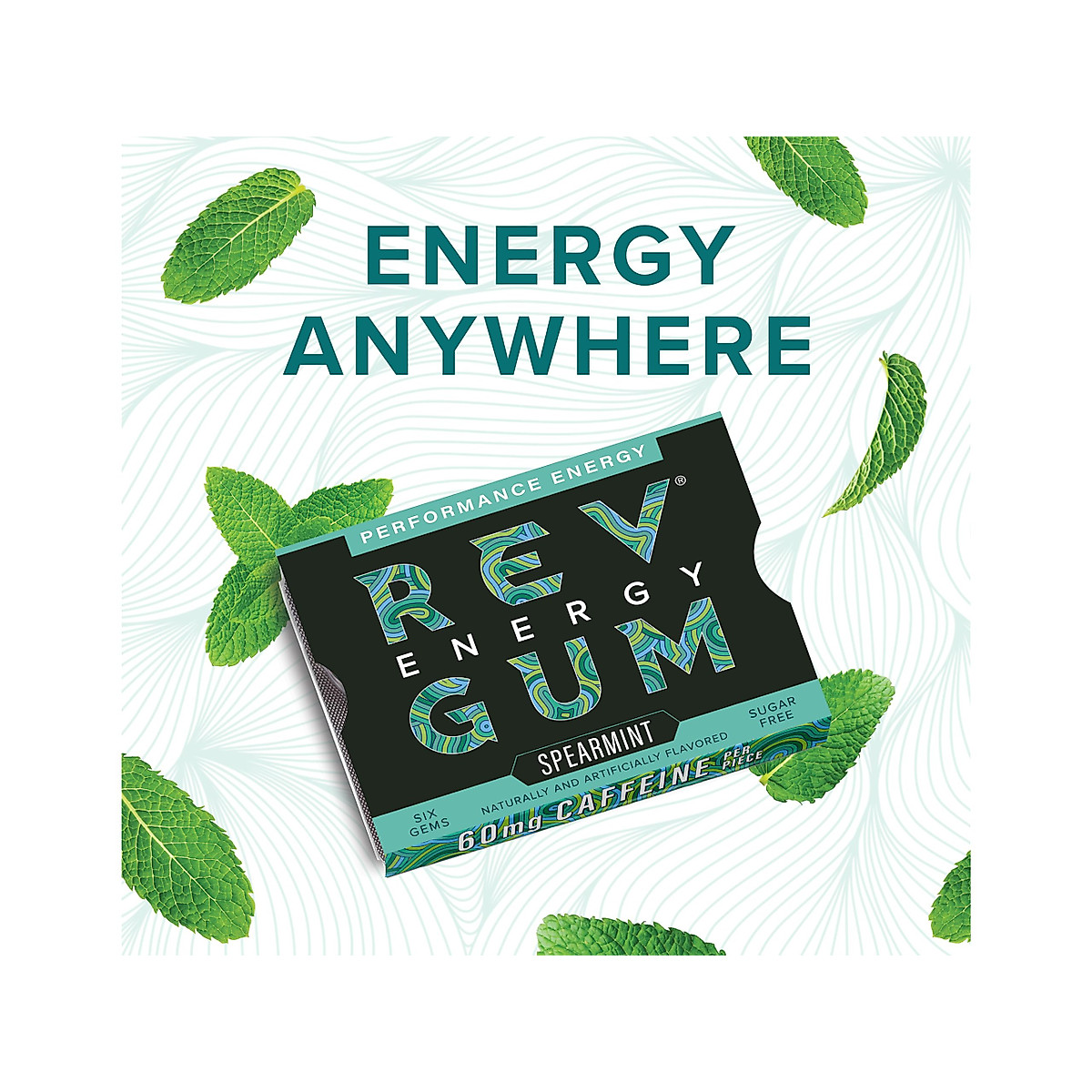 Rev Gum Caffeine Energy Gum | Performance Energy 60mg of Caffeine per Gem | Spearmint Sugar Free Caffeinated Mint Chewing Gum - Low Calorie Chews to Help You Stay Alert, Awake and Focused - 12 Packs (72 Count)