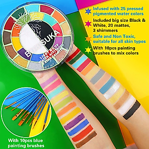 BOBISUKA Face Body Paint Kit - 25 Colors Water Activated Painting Makeup Palette + 10 Blue Artist Paint Brushes Set Large Black & White Ideal for Halloween, SFX, Theater, Cosplay, Parties and Costume