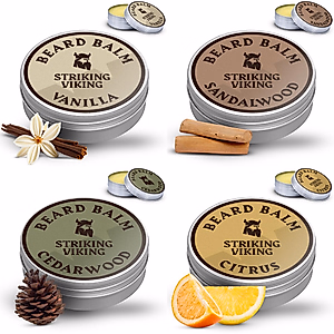 Striking Viking Beard Balm for Men - Leave-In Beard Conditioner with Naturally Derived Butter, Argan & Jojoba Oils, Citrus Vanilla Sandalwood Cedarwood Scents, 1 Ounce (Pack of 4) - Mustache Wax