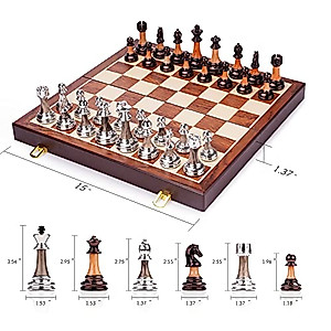 15" Metal Chess Sets for Adults Kids with Zinc Alloy + Acrylic Chess Pieces & Portable Folding Wooden Chess Board Travel Chess Set Board Game Gift – Metal Staunton Chess Pieces, & Storage Box
