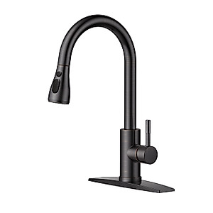 FORIOUS Kitchen Faucet with Pull Down Sprayer, High Arc Single Handle Kitchen Sink Faucet with Deck Plate, Commercial Modern rv Stainless Steel Kitchen Faucets, Grifos De Cocina, Oil Rubbed Bronze