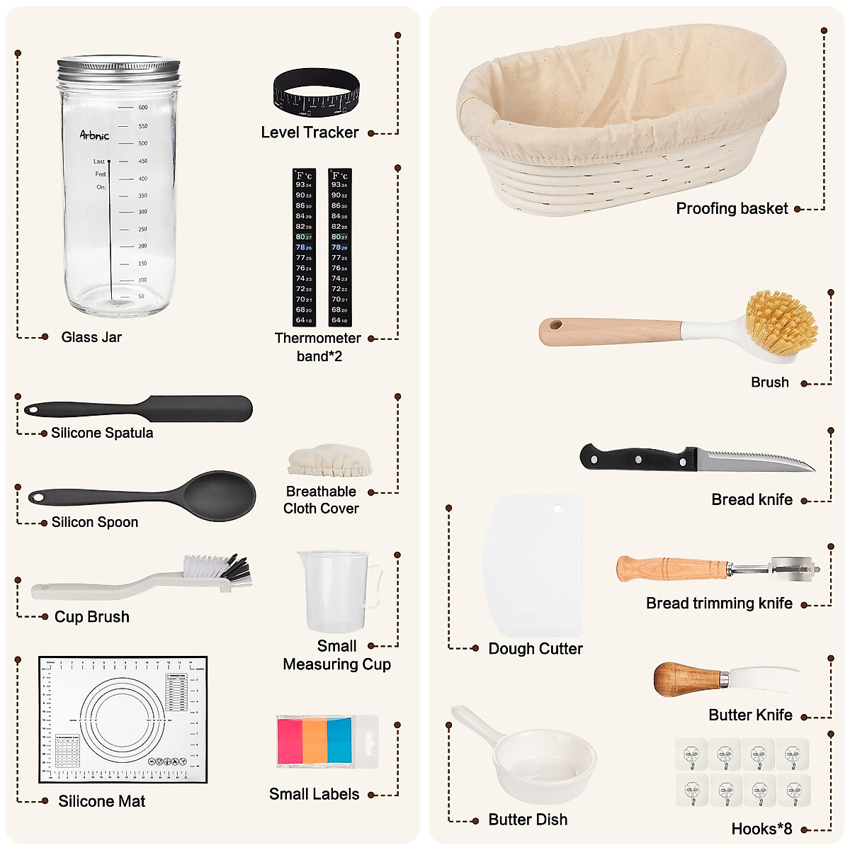 Sourdough Starter Kit Sourdough Bread Baking Supplies with Banneton Bread Proofing Basket，Gifts for Bakers(with 1 Jar)