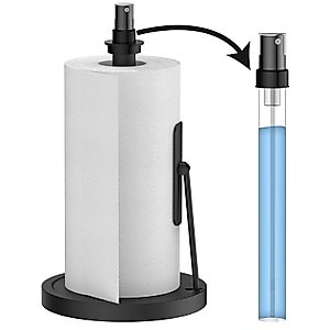 Manduoye 2 in 1 Paper Towel Holder with Spray Bottle, Paper Towel Holder One-Handed Operation with Non Slip Weighted Base, Paper Towel Holder Countertop for Kitchen and Bathroom (Black)