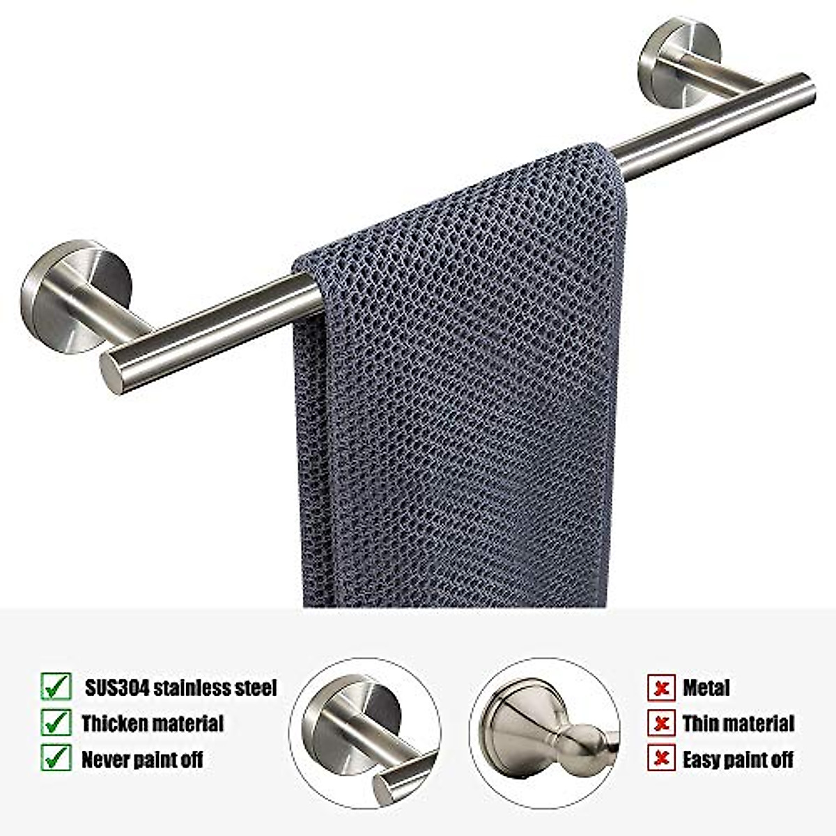 TocTen Bath Towel Bar - Thicken SUS304 Stainless Steel Bathroom Towel Holder, Towel Rod for Bathroom Heavy Duty Wall Mounted Towel Rack Hanger (16IN, Brushed Nickel)