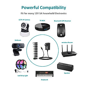 12V Power Supply AC Adapter DC 12 V Power Cord Universal Power Adapter 12Volt Charger Compatible with 1000mA 900mA 800mA 700mA 600mA 500mA 400mA 300mA 200mA 100mA Electronics