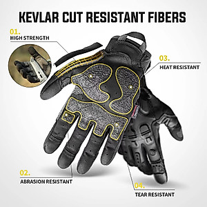 ZUNE LOTOO Tactical Gloves for Men, Touchscreen Motorcycle Gloves Padded Finger Impact Protection, Black Leather Safety Work Gloves Cut Resistant for Paintball Airsoft Range Skeleton Women X-large