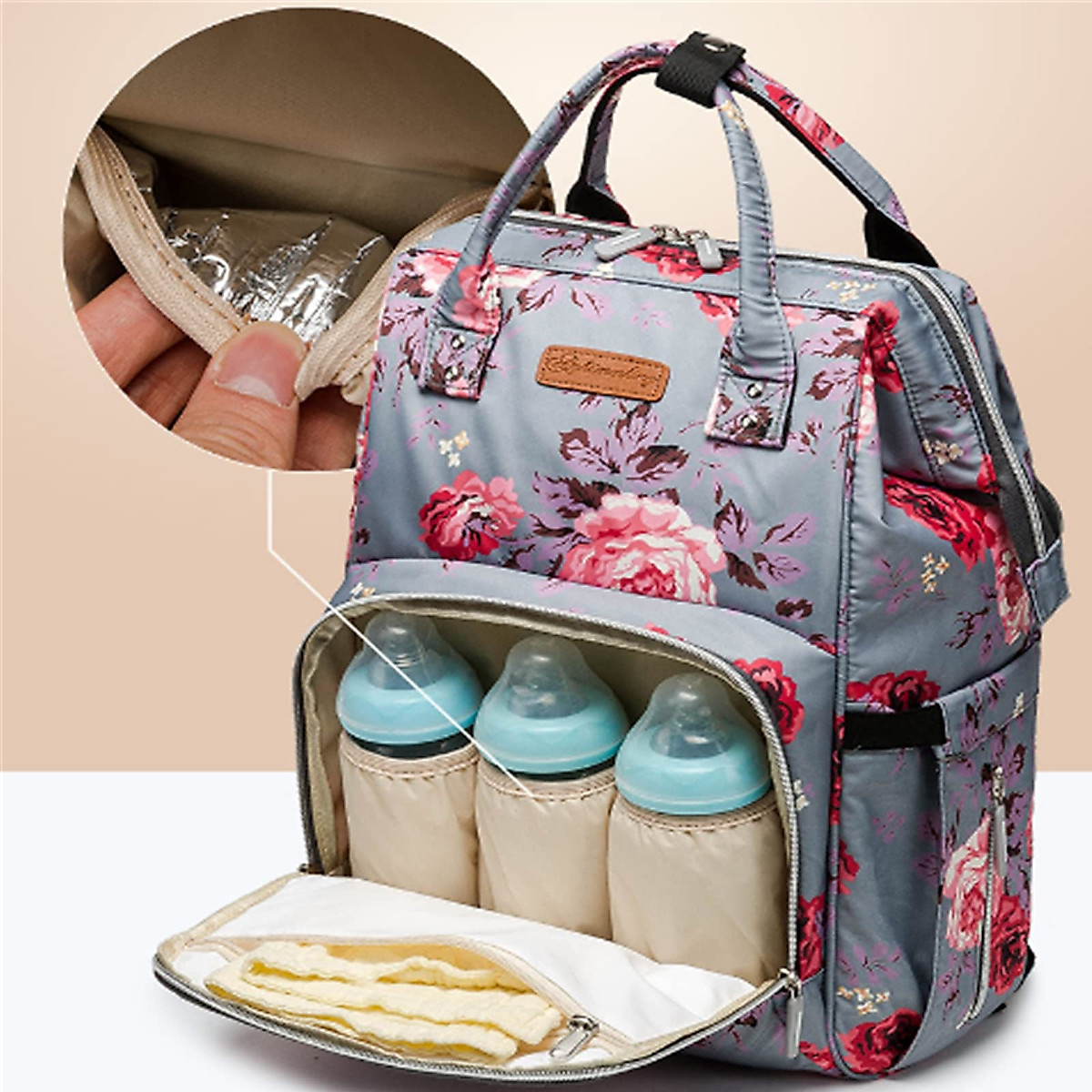 Diaper Bag Backpack, Baby Bag with Changing Pad, Waterproof Multifunction Nappy Bag,Maternity Travel Back Pack for Mom&Dad (Floral)