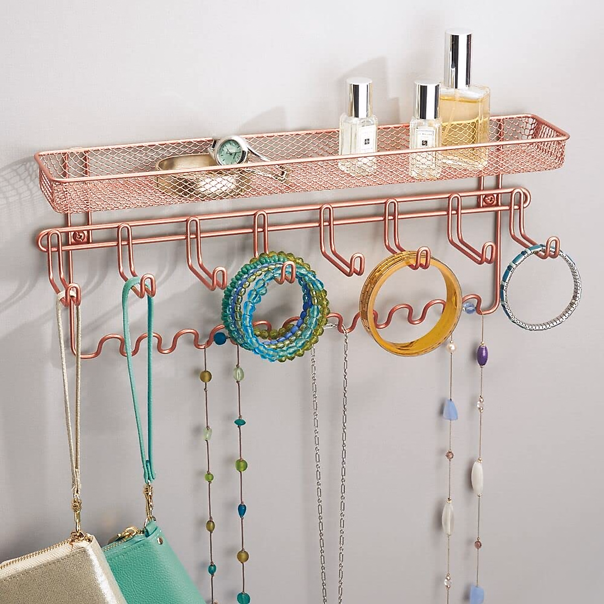 mDesign Steel Wall Mount Bedroom Closet Jewelry Storage Organizer Rack with 8 Hooks/Basket - Decorative Hanger Holder for Necklace, Bracelet, Belt, Accessories - Concerto Collection, Rose Gold