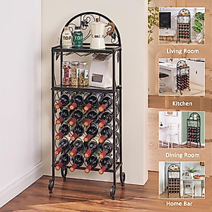 VECELO Freestanding Wine Rack Bar Table Holder, Tempered Glass Top, Liquor Display Shelf Stand for Home Kitchen Pub, 20 Bottles, Black