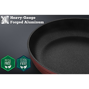 SAFLON Titanium Nonstick 11 Inch Wok and Stir Fry Pan with Glass Lid Forged Aluminum with PFOA Free Scratch Resistant (Red)