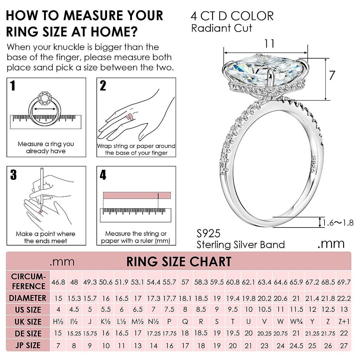 Michooyel 4.0ct Radiant Cut Women's Engagement Ring Simulated Diamond Wedding Ring Promise Ring 925 Sterling Silver Wedding Band