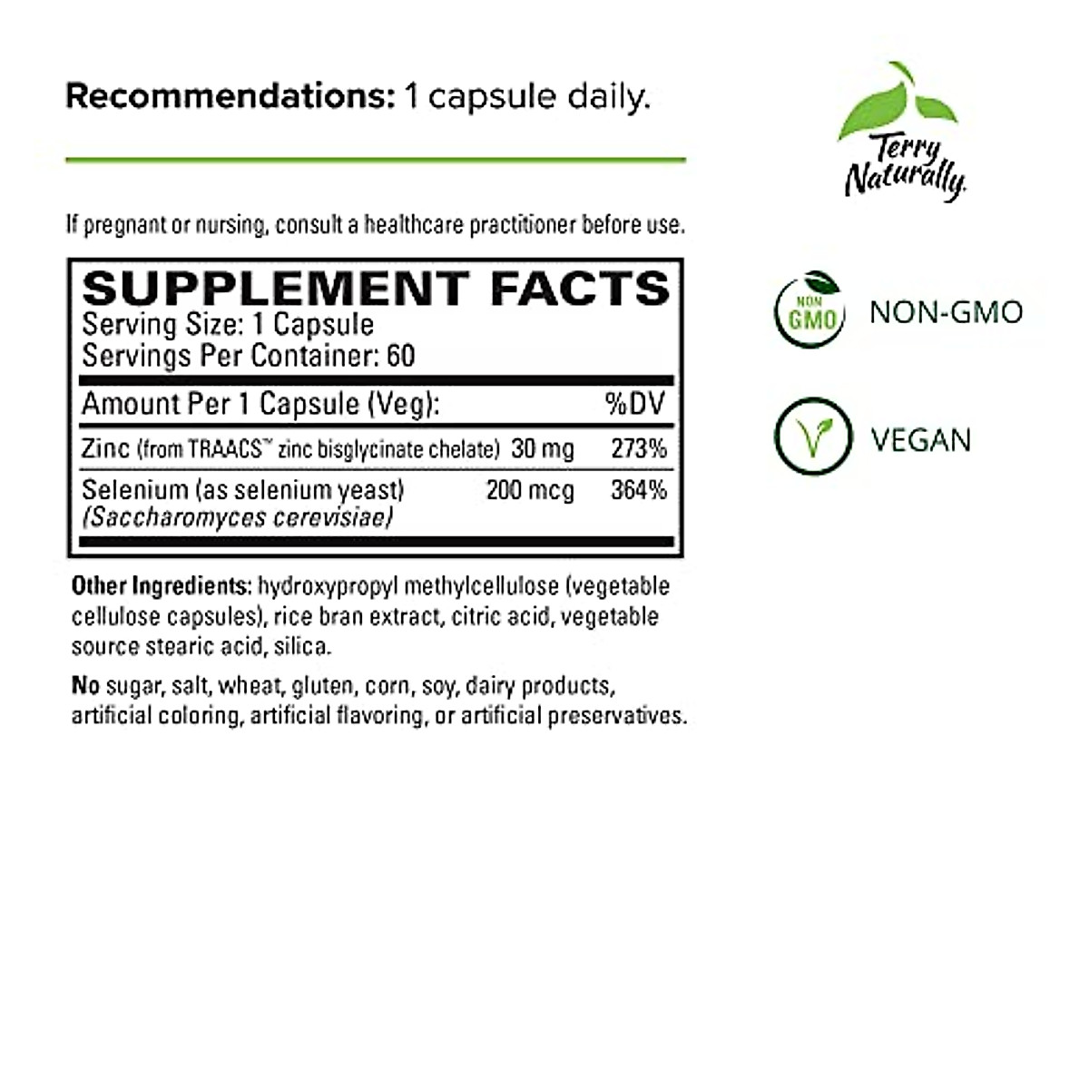 Terry Naturally Zinc Plus Selenium - 60 Capsules - Immune Support, Respiratory Function, Cellular Protection - Non-GMO, Vegan - 60 Servings