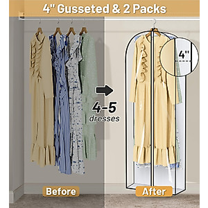 MISSLO 65" Clear Garment Bags for Hanging Clothes 4" Gusseted Dress Bags for Gowns Long Dress Cover for Closet Storage Dress Protector Bag, 2 Packs