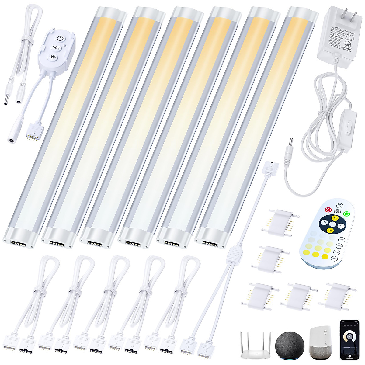 LED Smart Under Cabinet Lights Work with Alexa,Siri, Echo, Google Home (No Hub Required), 2700K to 6500K for Kitchen Under Counter, Bookcase or Display Cabinet(6 Lights Bar Kit)