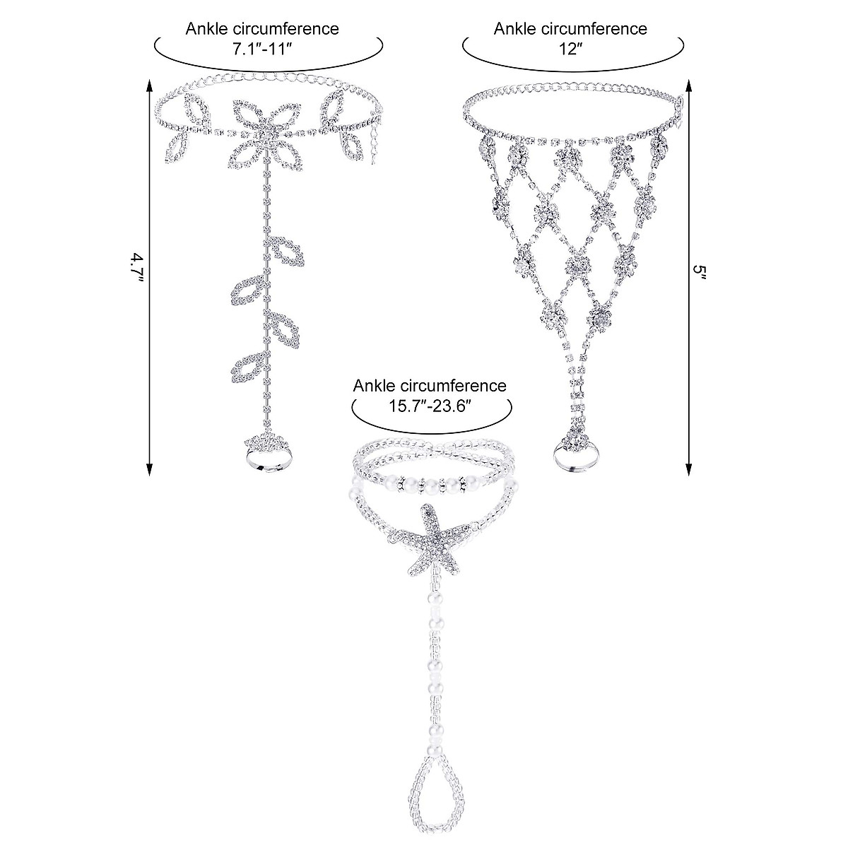 Hicarer 6 Pieces Foot Jewelry Barefoot Sandals for Women Rhinestone Anklets Bohemian Foot Chain for Beach Wedding Valentine's Day