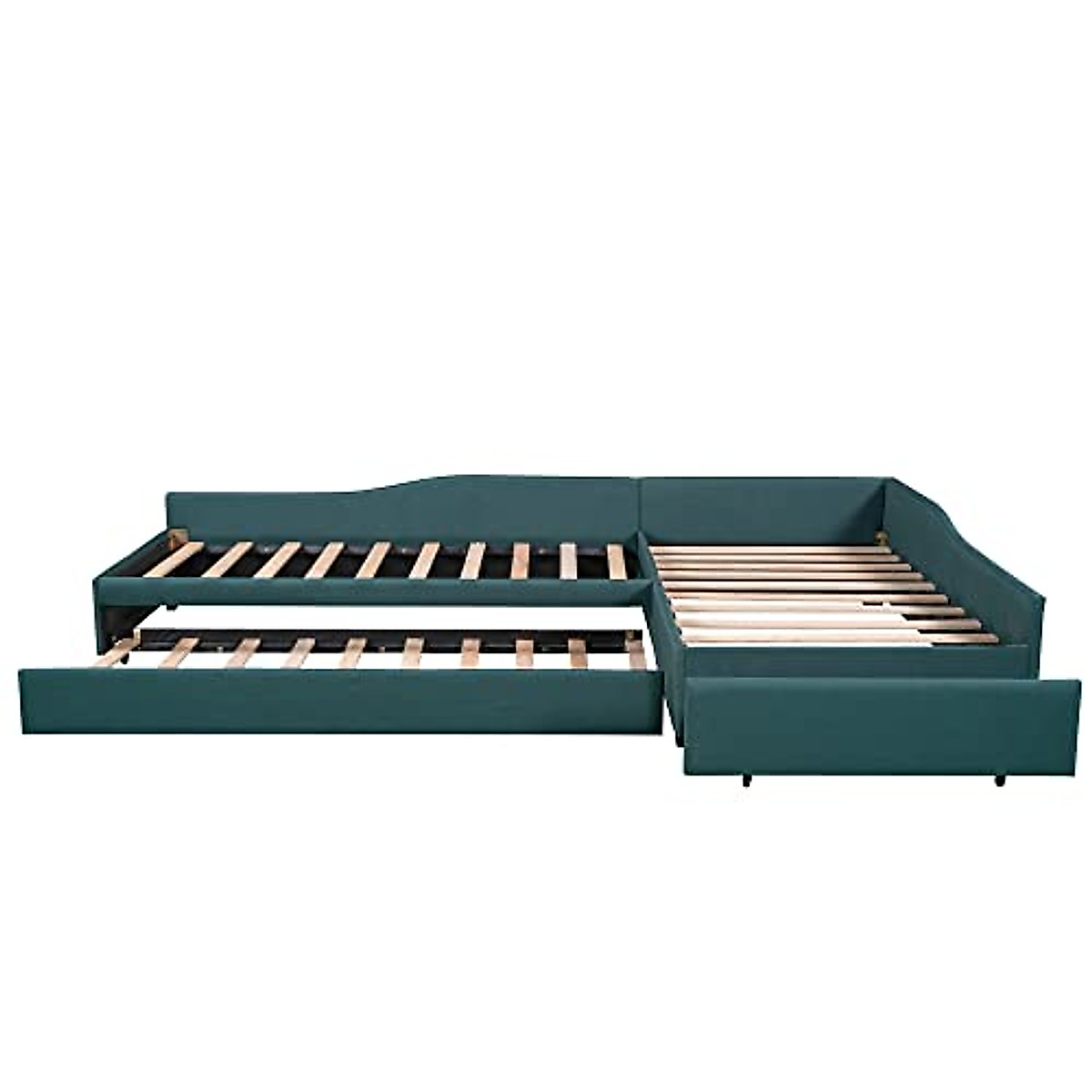 RORIGAT L-Shaped Upholstered Double Twin Size Daybed with Trundle and Drawer for Kids Boys Girls Student, Green