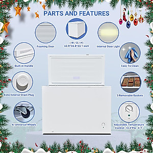 SMETA Deep Freezer, Chest Freezer 10.5 Cubic Feet, Chest 4 Wheels Adjustable Thermostat, Energy Saving for Garage, Kitchen, Office, Meat, Commercial with 3 Baskets, White