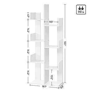 VASAGLE Bookcase, Tree-Shaped Bookshelf with 8 Storage Shelves, Rounded Corners, White 9.8D x 19.7W x 55.1H in, Engineered Wood