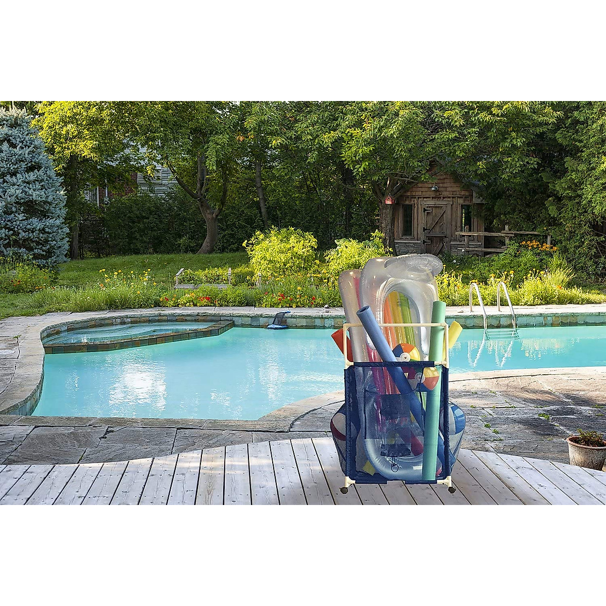 Essentially Yours Rolling Pool Noodle Storage Organizer Bin, Standard Noodle Holder, (25.4" W x 26" L x 40.5" H), Blue/White Style 510643