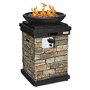COOURIGHT Outdoor Propane Fire Bowl Column, 30” Stone Look Gas Burner Stove w/ Rain Cover Lava Rock, 40,000 BTU Tall Gas Burning Fire Pit Table for Patio Garden Outside, CSA/ETL Approved (Natural)