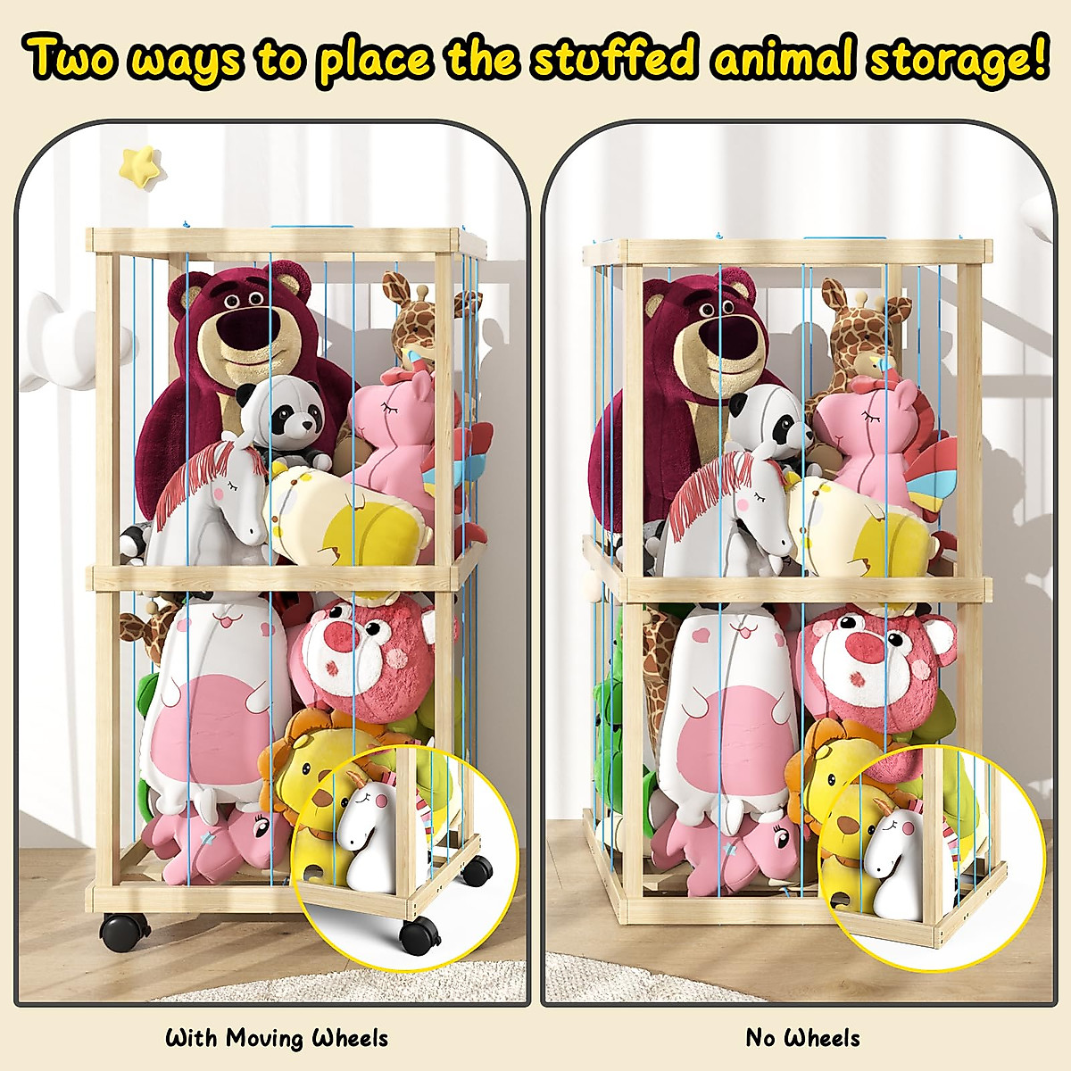 PatioDeco Stuffed Animal Zoo Storage Cage 55" Wood Large Stuffed Animal Storage Basket, Toy Storage for Big Small Stuffed Animals