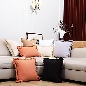 Black Linen Fringed Throw Pillow Cover 18x18 Inches Farmhouse Couch Pillows Cover for Bed Set of 2 Modern Neutral Decorative Throw Pillow Cases