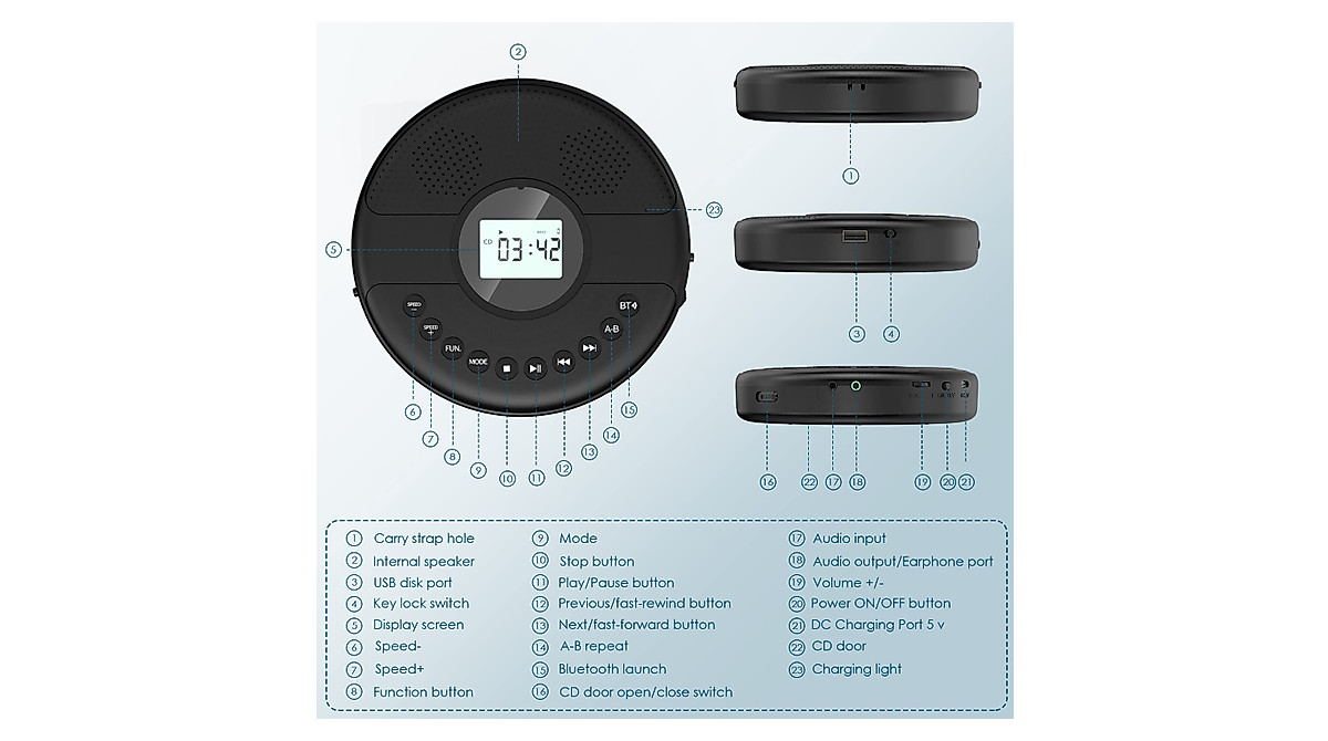 Fohil Portable CD Player - Bluetooth with Dual Speakers