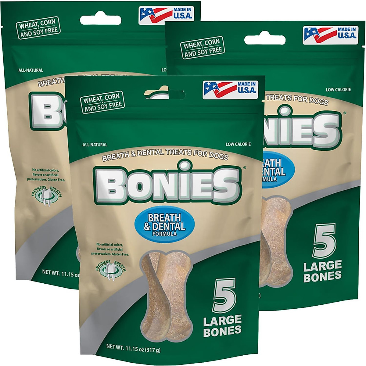 Bonies Breath and Dental Formula Treats for Dogs, All-Natural Ingredients, Fresh Breath, Cleans Teeth, Low Calories, Chicken Flavor - Large 3-Pack, 15 Bones