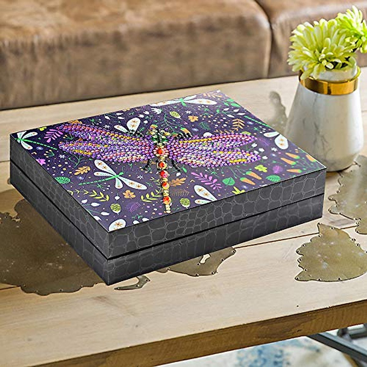 LUSandy DIY 5D Dragonfly Diamond Painting Jewelry Box Kits for Adults Kids, Special Shaped Crystal Rhinestone Diamond Art Jewelry Case Storage Organizer PU Leather Rings Necklace Bracelet Storage Box