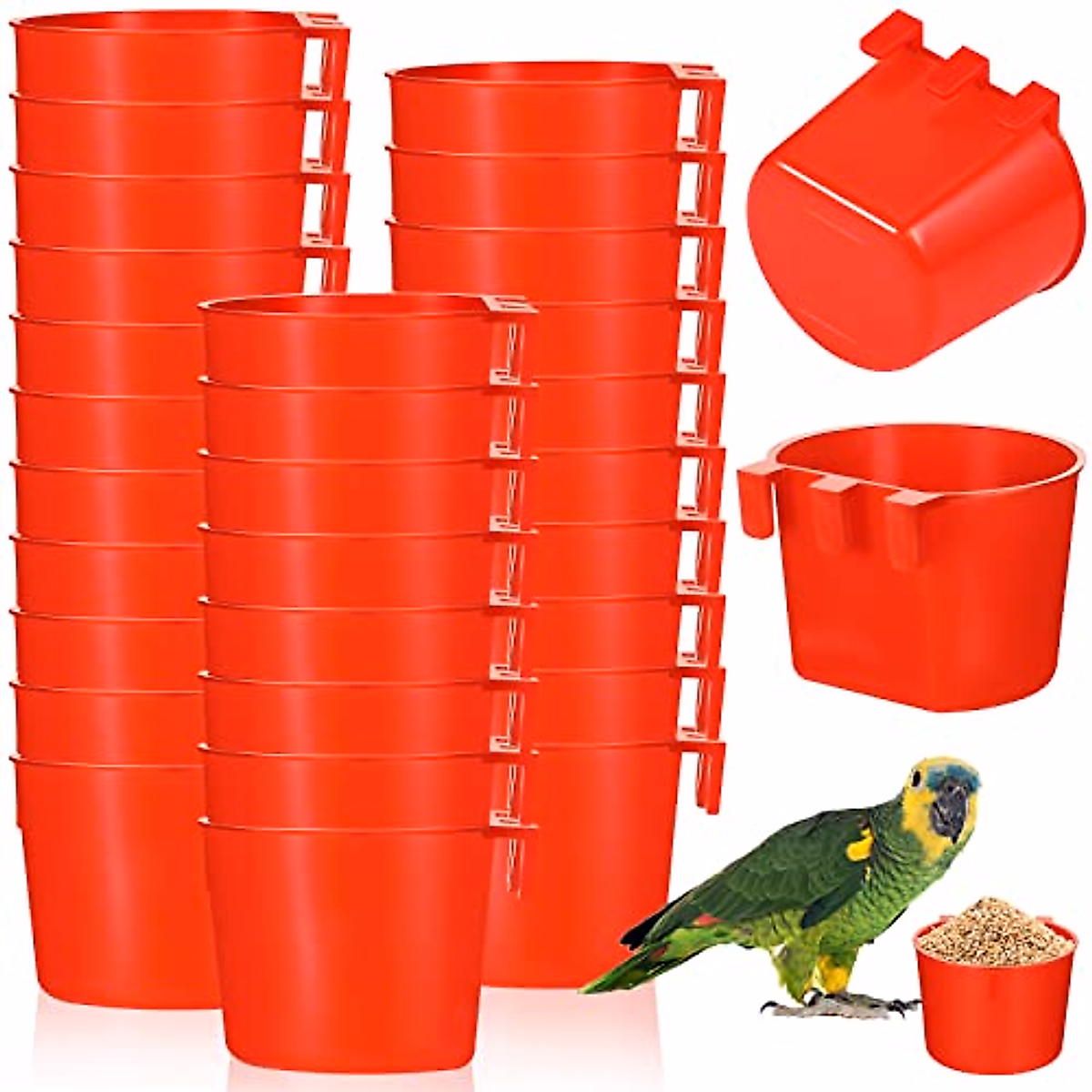 30 Pcs Cage Cups Birds Feeders Bird Water Dispenser Hanging Quail Waterer Plastic Chicken Feeding Watering Dish for Small Coop Parrot Parakeet PET Poultry Pigeon Gamefowl Food Seed Bowl Supplies, Red