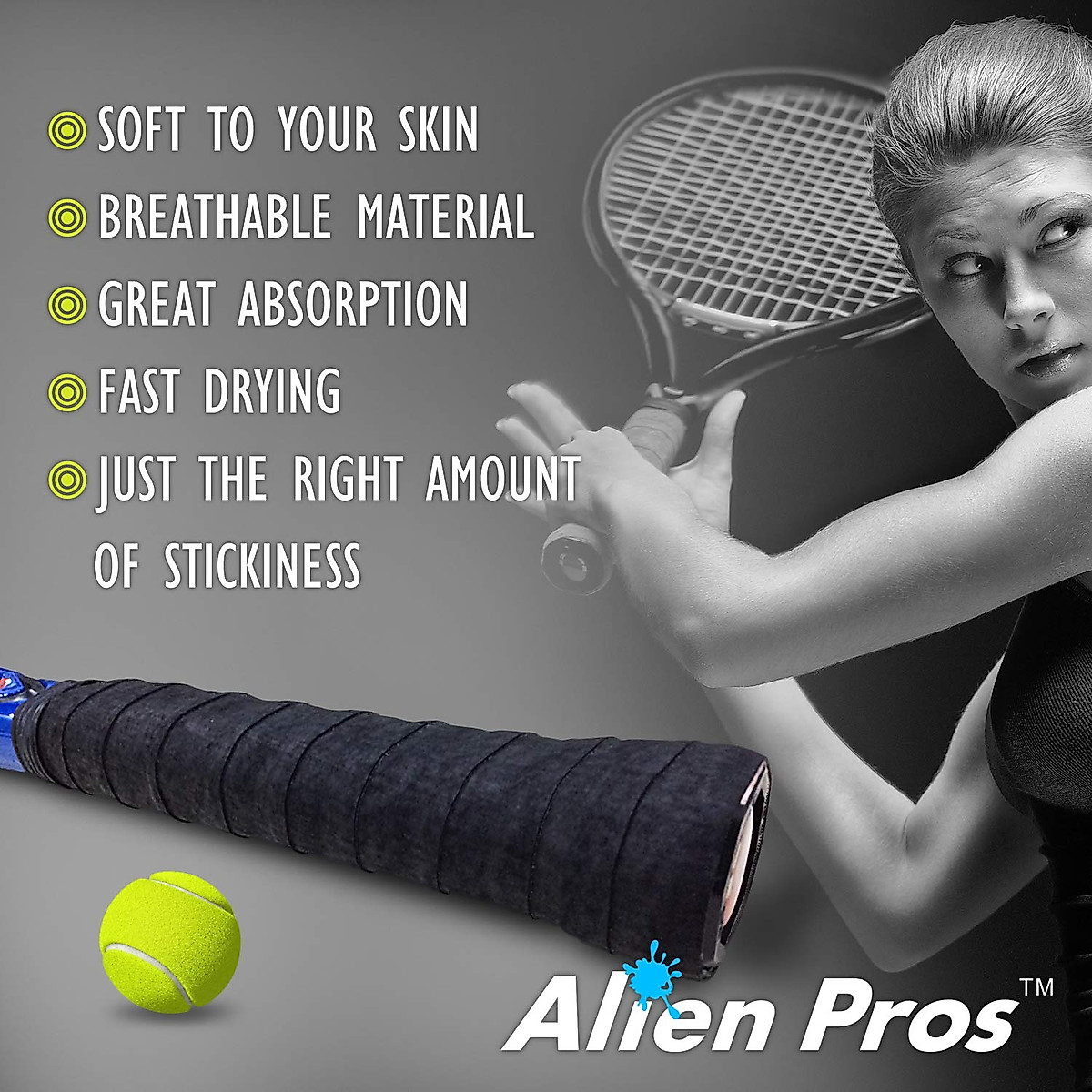 ALIEN PROS Tennis Racket Grip Tape (6 Grips) - Precut and Dry Feel Tennis Grip - Tennis Overgrip Grip Tape Tennis Racket - Wrap Your Racquet for High Performance (6 Grips, Black)