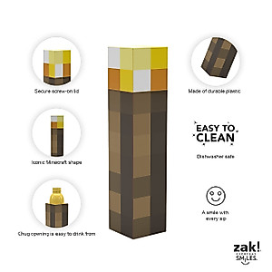 Minecraft Zak Designs Torch Shaped Water Bottle with Screw-on Lid, Durable Material Water Bottle Has Break Resistant Design Tumbler (22oz, Plastic, BPA-Free)