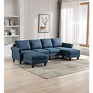 HAUSHECK Modern 4 Seater Sofas, U Shaped Modular Set with Ottomans, Sectional Couches for Living Room, Apartment, 108.66" L x 60.63" W x 32.68" H, Navy
