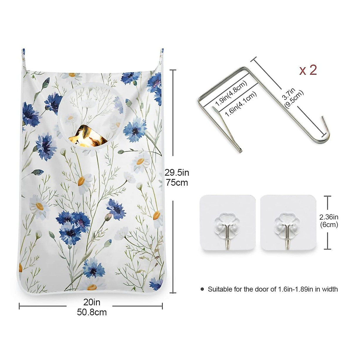 ElliTarr Door Hanging Laundry Hamper Bag with Free Adjustable Stainless Steel Hooks Dirty Clothes Hamper Extra Large Over the Door Laundry Hamper White Floral Daisy 29.5X20inch 1 PCS