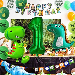 Dinosaur First Birthday Decorations, Large Dinosaur Foil Balloons, Happy Birthday Banner, Number 1 Balloon, Dinosaur Printed Balloons for Girl Boy 1st Birthday Party Decorations Baby Shower Supplies
