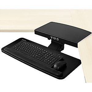 VIVO Adjustable Computer Keyboard and Mouse Platform Tray with Corner Connector, Ergonomic Under Table Desk Mount Drawer for L-Shaped Workstations, Underdesk Shelf, Black, MOUNT-KB03B-C