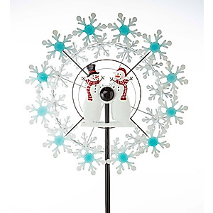 Plow & Hearth Christmas Holiday Winter Snowman and Snowflakes Metal Wind Spinner with Dual-Motion Rotors and Sectional Steel Pole with Ground Stakes in Powder-Coated Metal, 24" Dia. x 12" D x 75" H
