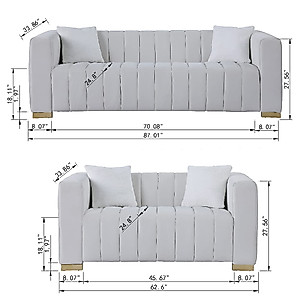 kevinplus Modern Sofa Couch 2 Set for Living Room, Velvet Chesterfield 2-Pcs Upholstered Sofa Couch for Apartment Bedroom Office, Strong Gold Metal Legs, Dark Grey